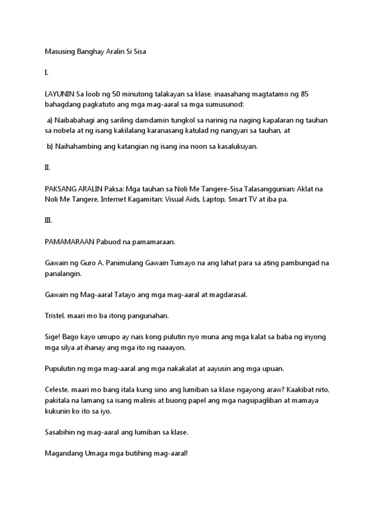 Masusing Banghay Aralin Si Sisa | PDF