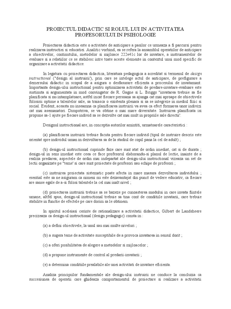 Proiectul Didactic Si Rolul Lui in Activitatea Profului de Psiho | PDF