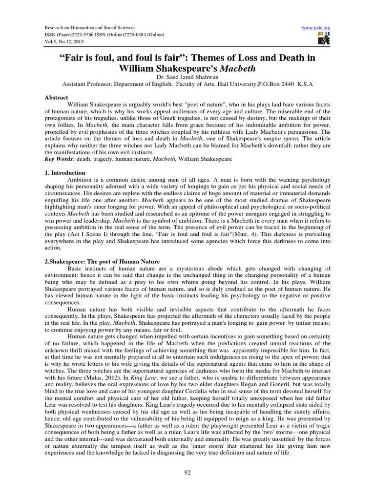 "Fair Is Foul, and Foul Is Fair": Themes of Loss and Death in William Shakespeare's Macbeth | PDF