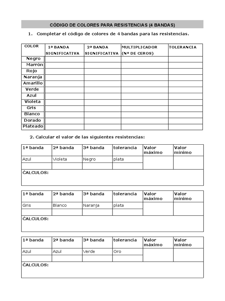 Ejercicios Código 4 Bandas de Color para Resistencias | PDF