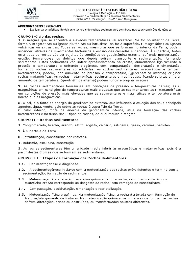 BioGeo 11 - Ficha 23 - Resol - Rochas Sedimentares | PDF | Rochas (Geologia) | Magma