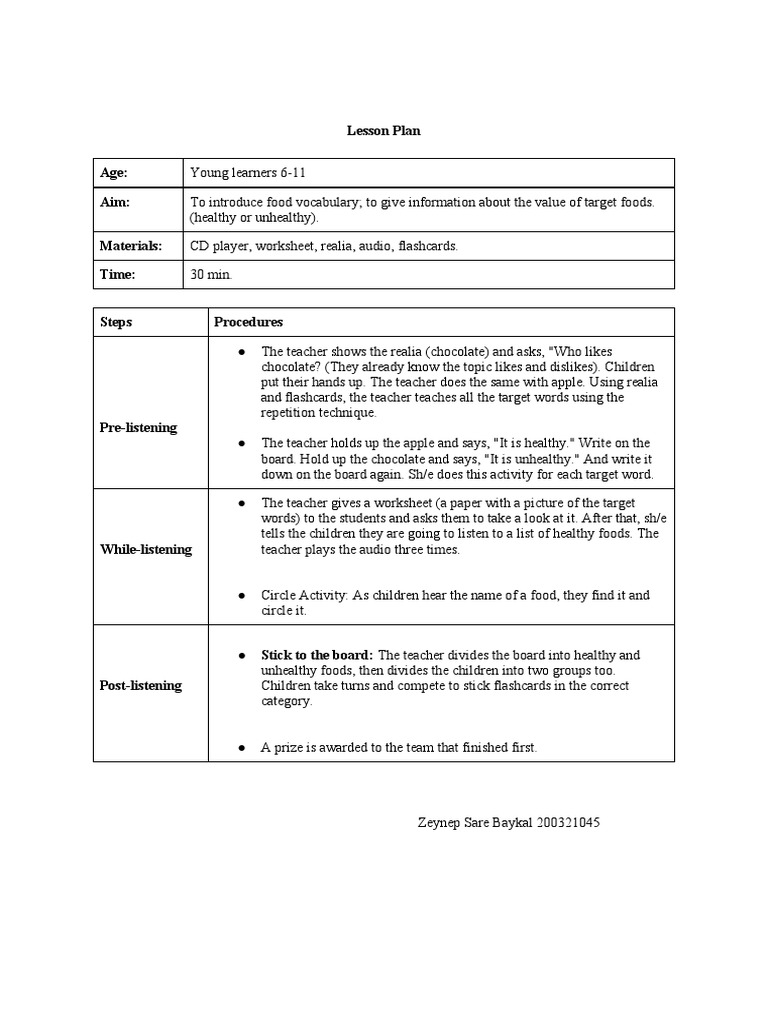 Food Vocabulary Lesson Plan | PDF