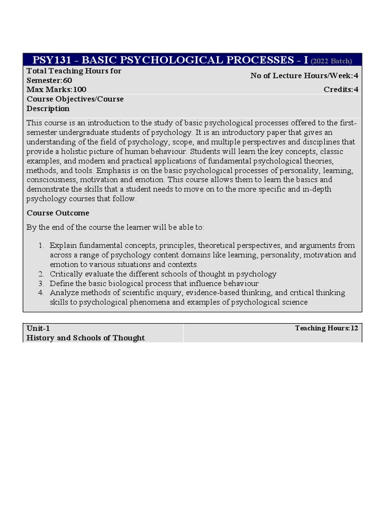 Syllabus - Basic Psy - Psy131 - 2003 Batch | PDF | Psychology | Learning