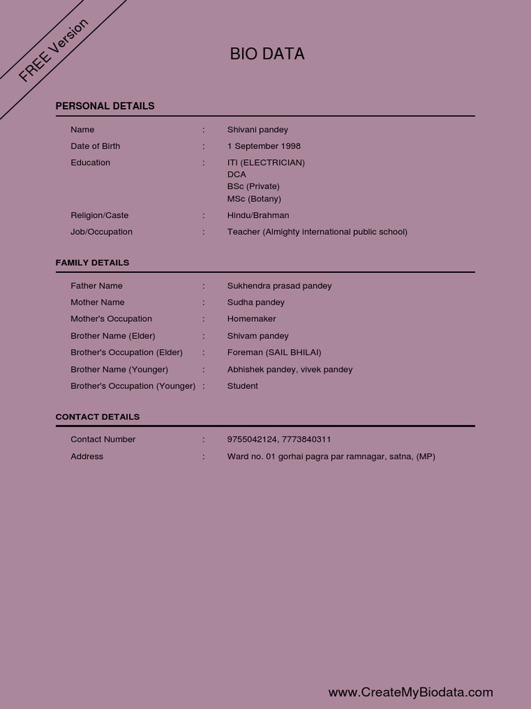 Shivani Pandey - Biodata (By Createmybiodata - Com) | PDF