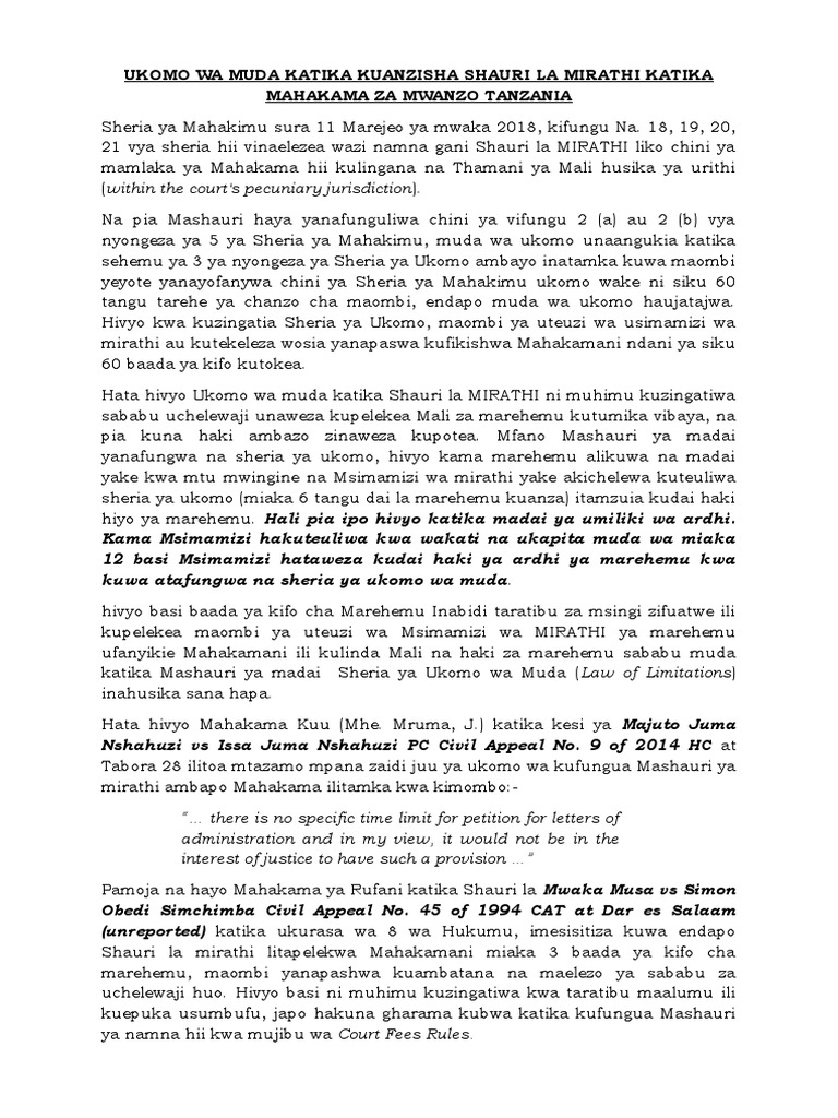 Ukomo Wa Muda Katika Kuanzisha Shauri La Mirathi Katika Mahakama Za ...