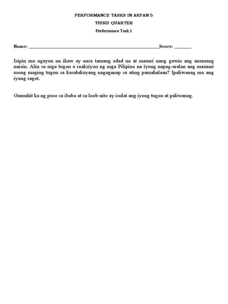Performance Tasks in Arpan 5 Third Quarter Performance Task 1 | PDF