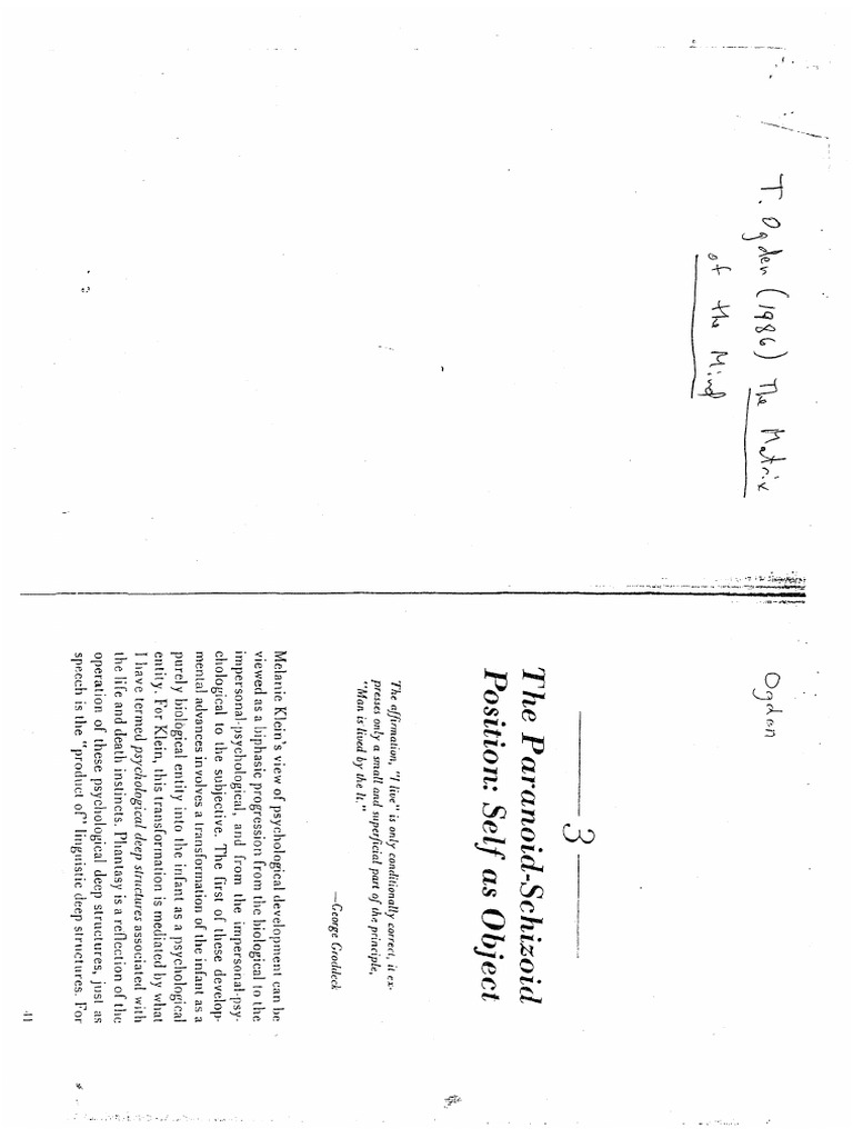 The Paranoid-Schizoid Position Self As Object-Ogden | PDF