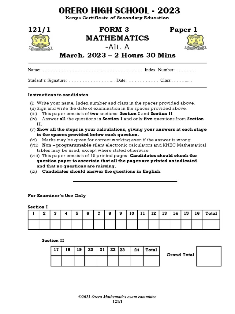 Form 3 Orero Mat PP1 April Hol | PDF