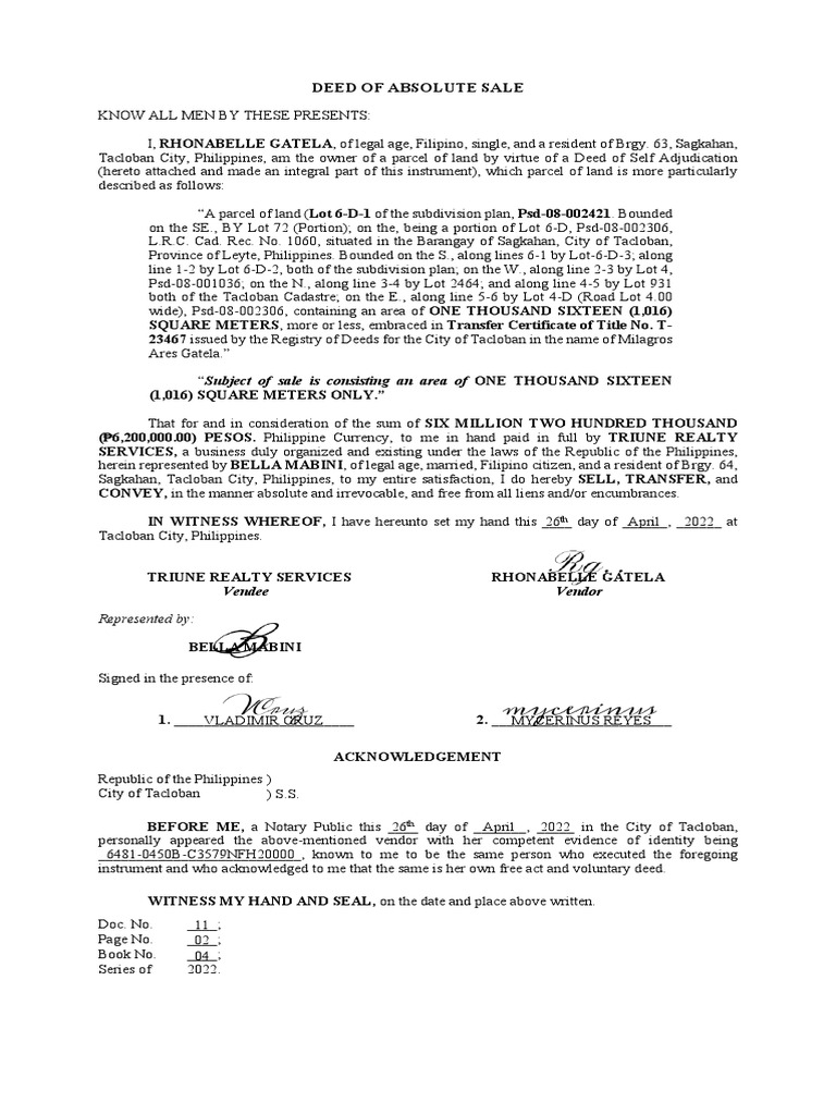 Deed of Absolute Sale: Vendee Vendor | Download Free PDF | Land Law | Civil Law (Legal System)