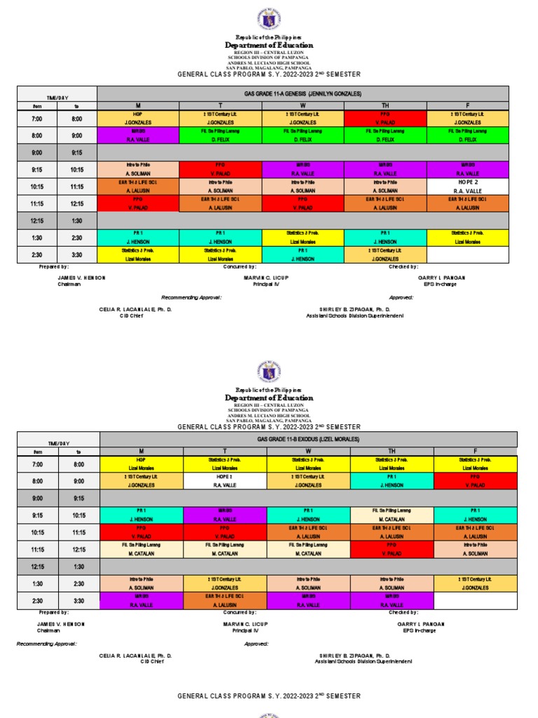 Grade 11 Class Schedule 2022-2023 | PDF