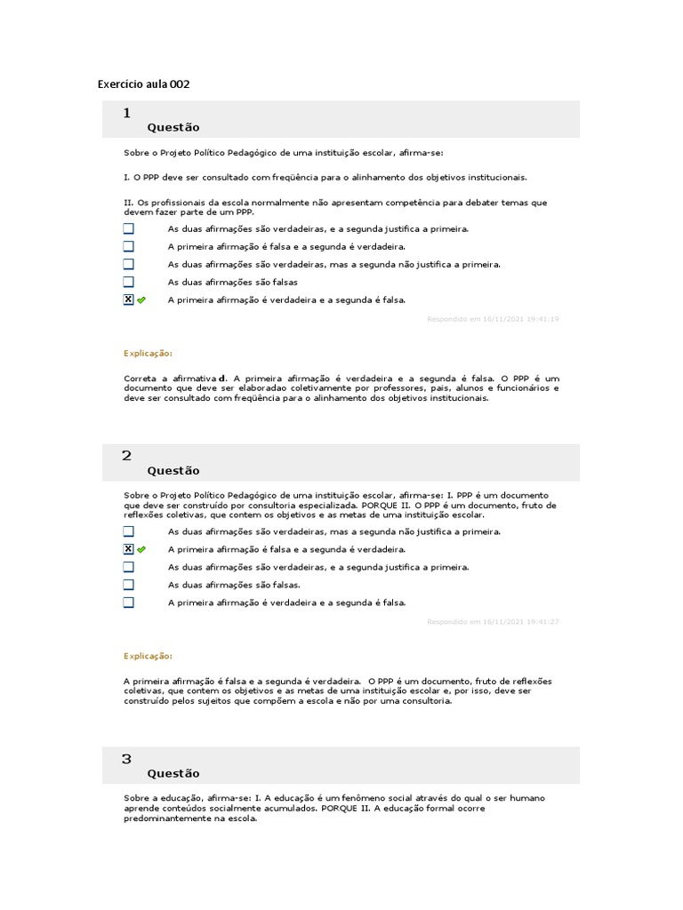 Exercício aula 002 | PDF | Pedagogia | Psicologia