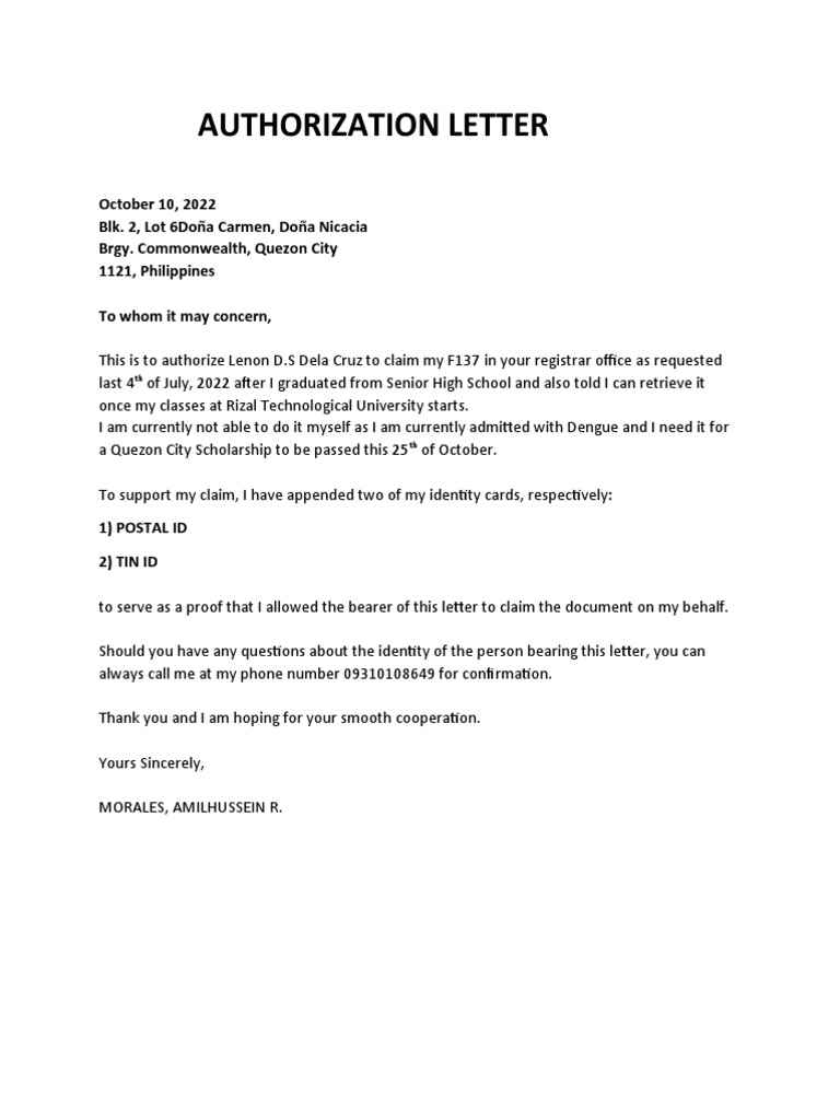 AUTHORIZATION LETTER f137 | PDF | Social Science | Wellness