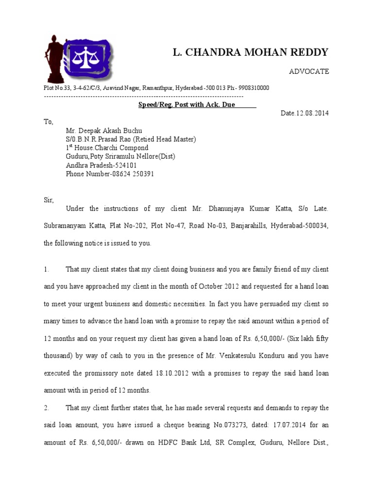 138 Notice of Dhanujaya Kumar Vs Deepak | PDF | Cheque | Private Law