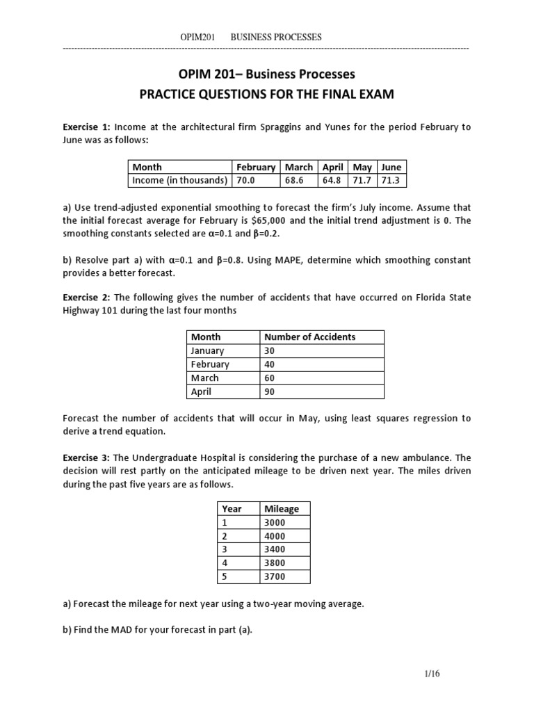 Practice Questions and Exercises for the OPIM 201 Business Processes ...