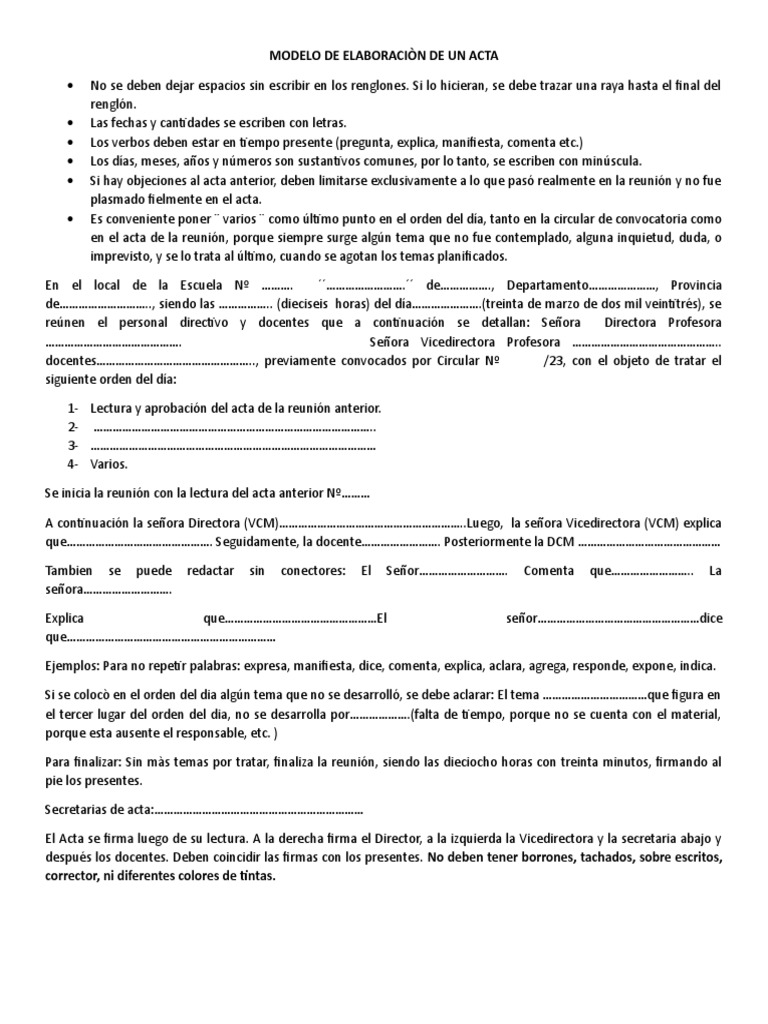 Modelo para la elaboración de actas de reuniones escolares | PDF