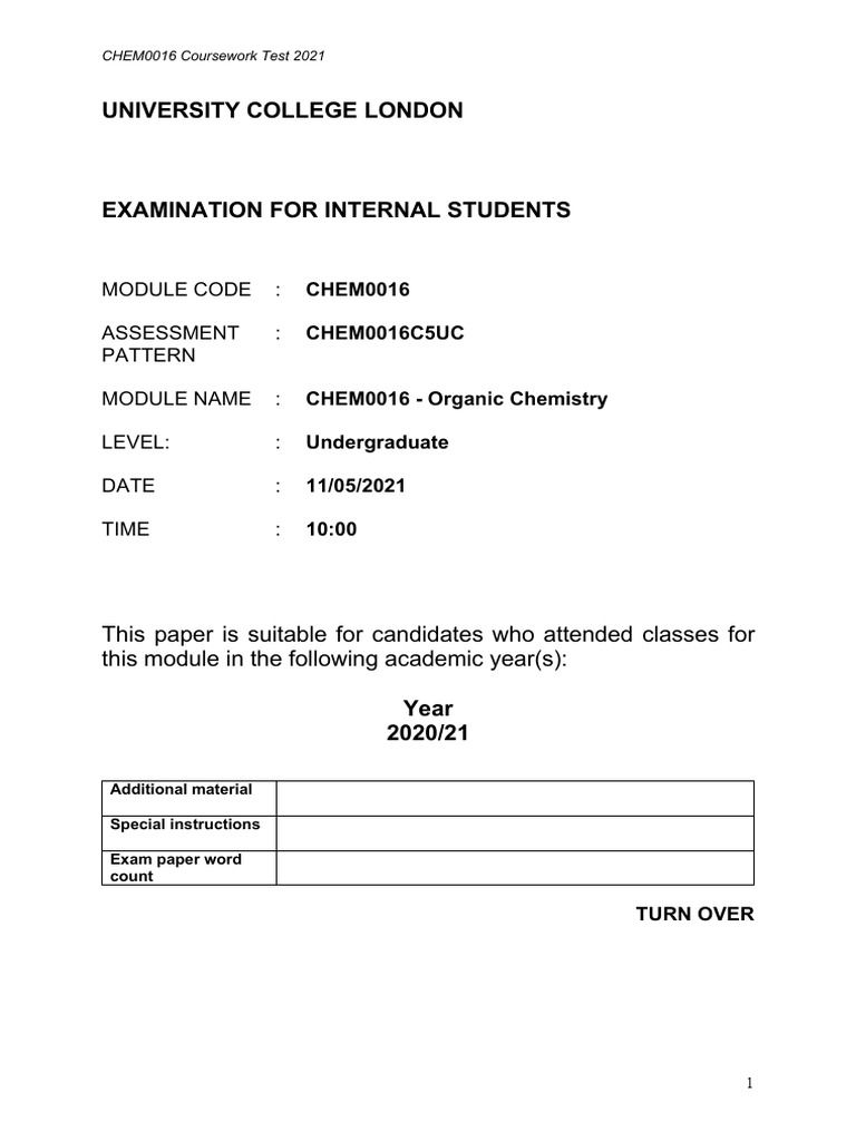 CHEM0016 Coursework Test 2021 Final | PDF | Organic Chemistry | Chemistry