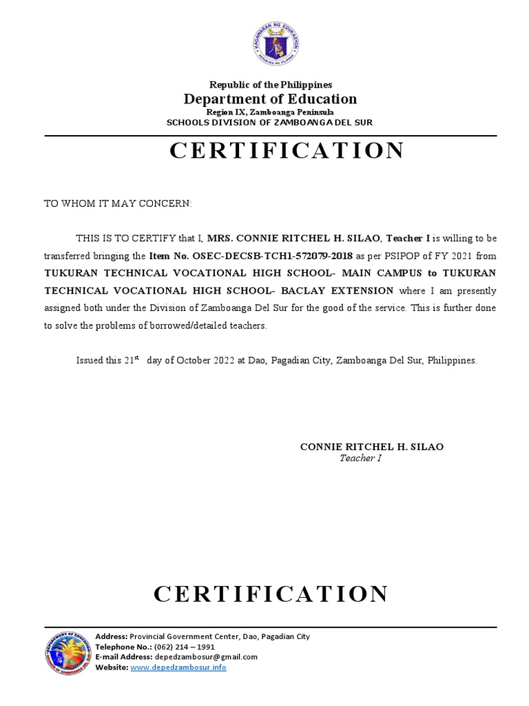 Certification of Teacher Willingness | PDF