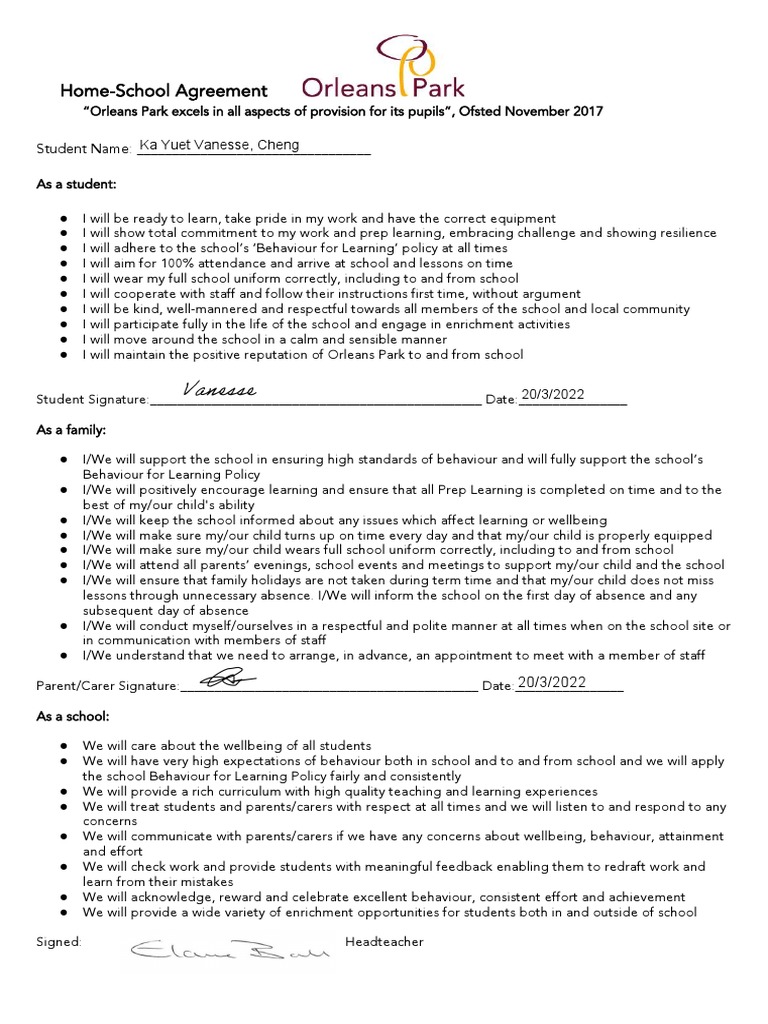 Home-School Agreement | PDF | Behavior Modification | Learning