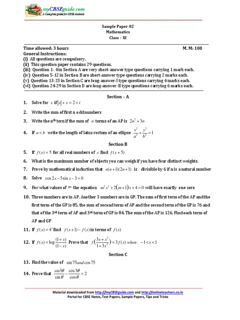 2017 11 Sample Paper Mathematics 02 QP | PDF