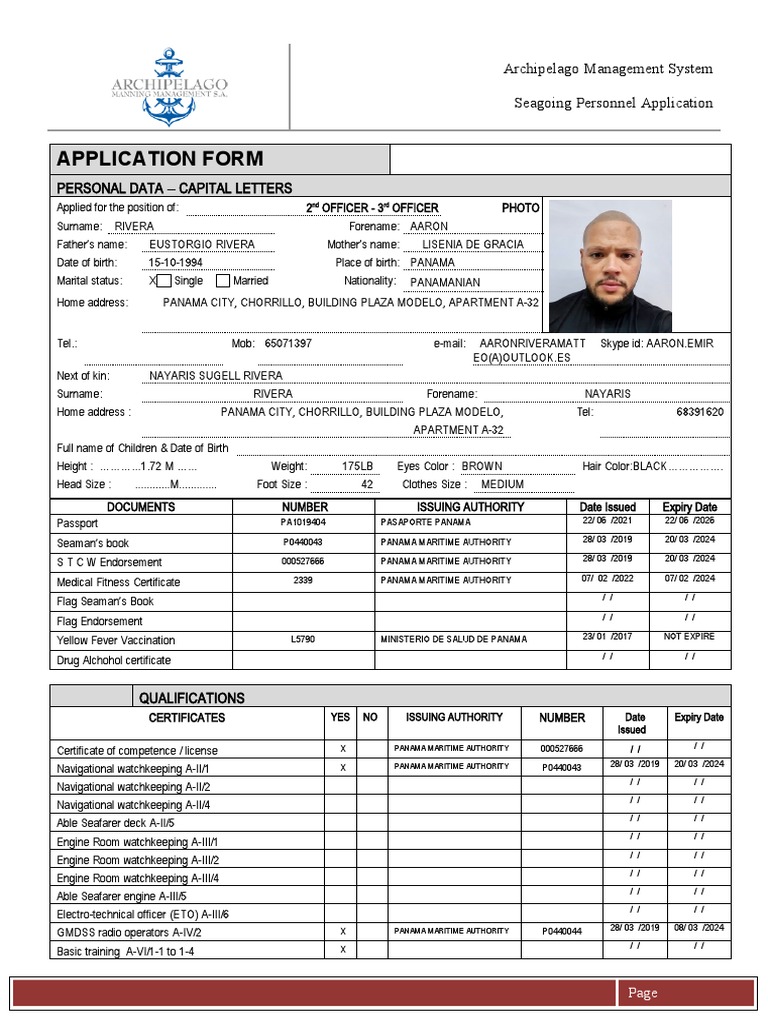 Archipelago Seagoing Personnel Application | PDF
