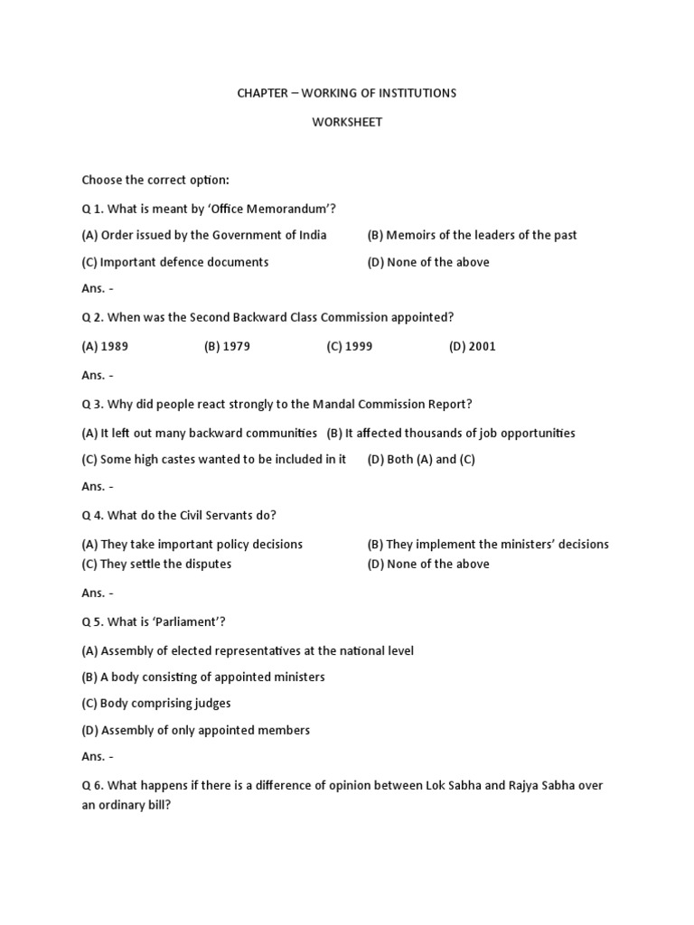 Work Sheet of Working of Institutions | PDF | Government Of India ...