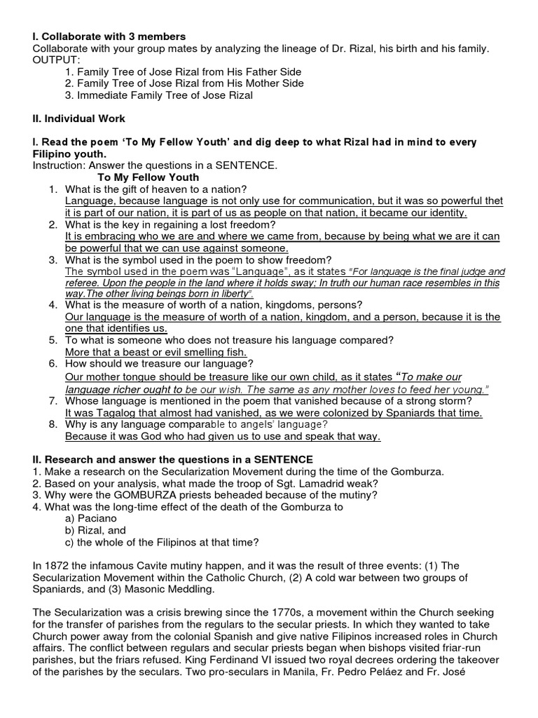Rizal's Education, Poems and Ancestry Worksheet | PDF | Philippines