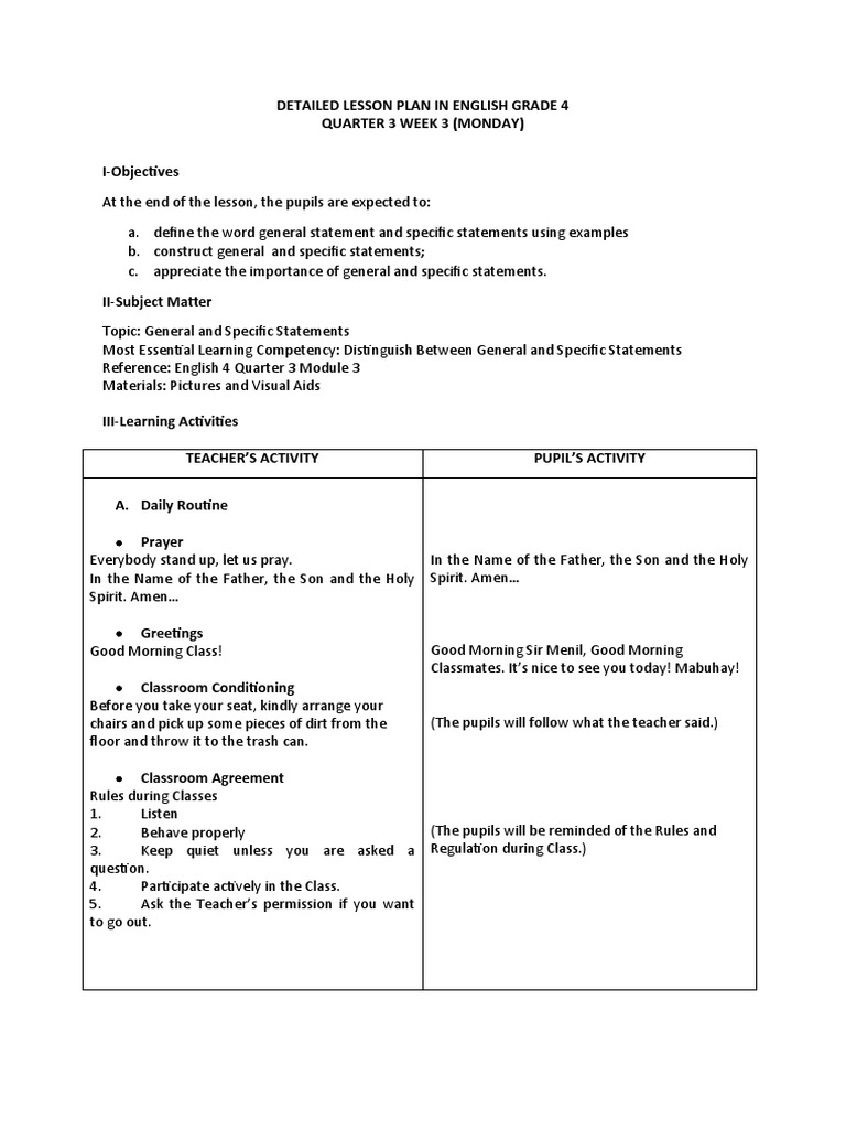 Detailed Lesson Plan in English Grade 4 Q3 W3 Melc Based | PDF ...