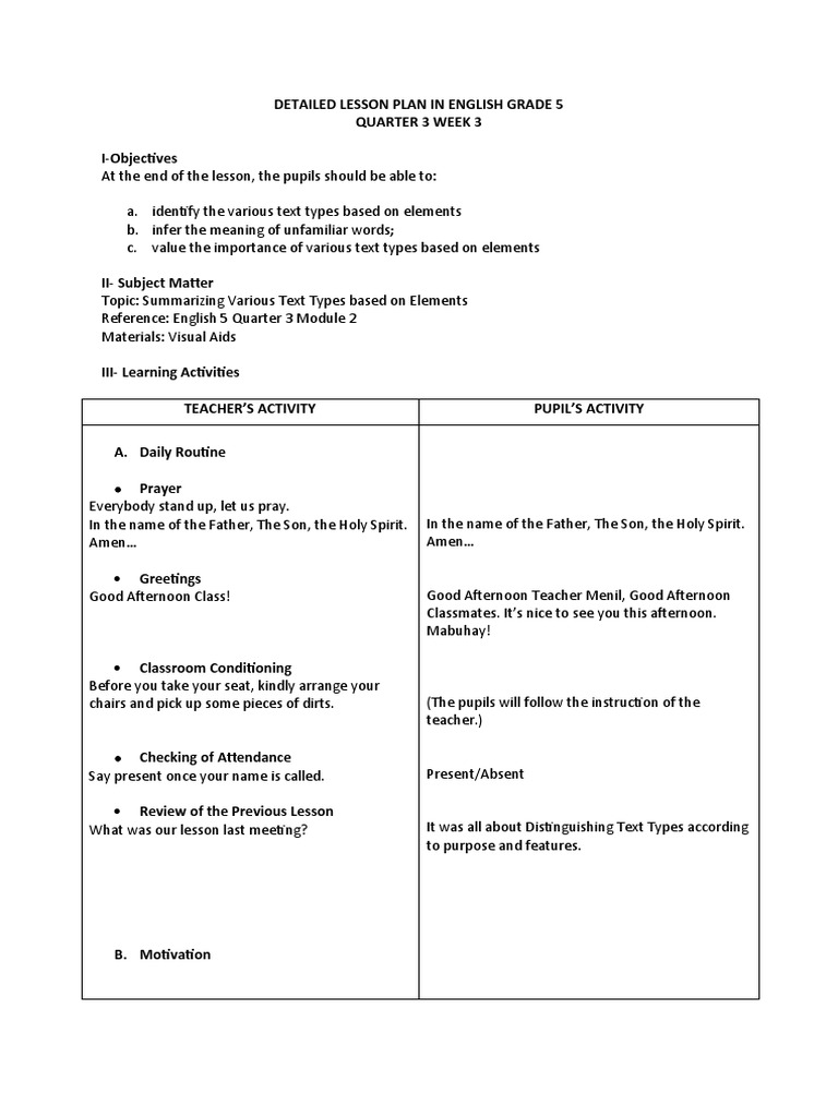 Detailed Lesson Plan in English Grade 5 Q3 W3 Melc Based | Download Free PDF | Plot (Narrative ...