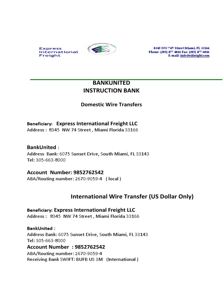 BankUnited Wire Transfer Instructions | PDF