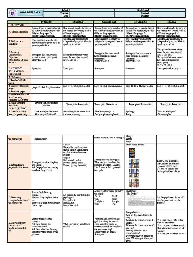 DLL English Week 2 Q3 | PDF | Vocabulary | English Language