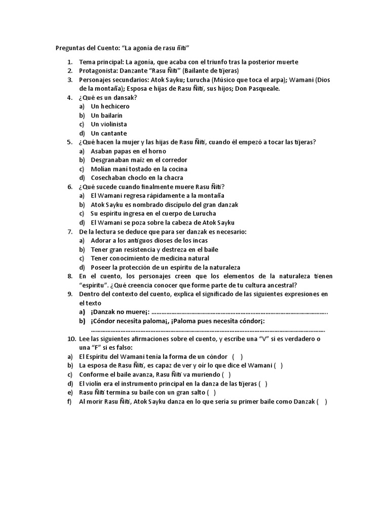 Preguntas Del Cuento Rasu Ñiti | PDF
