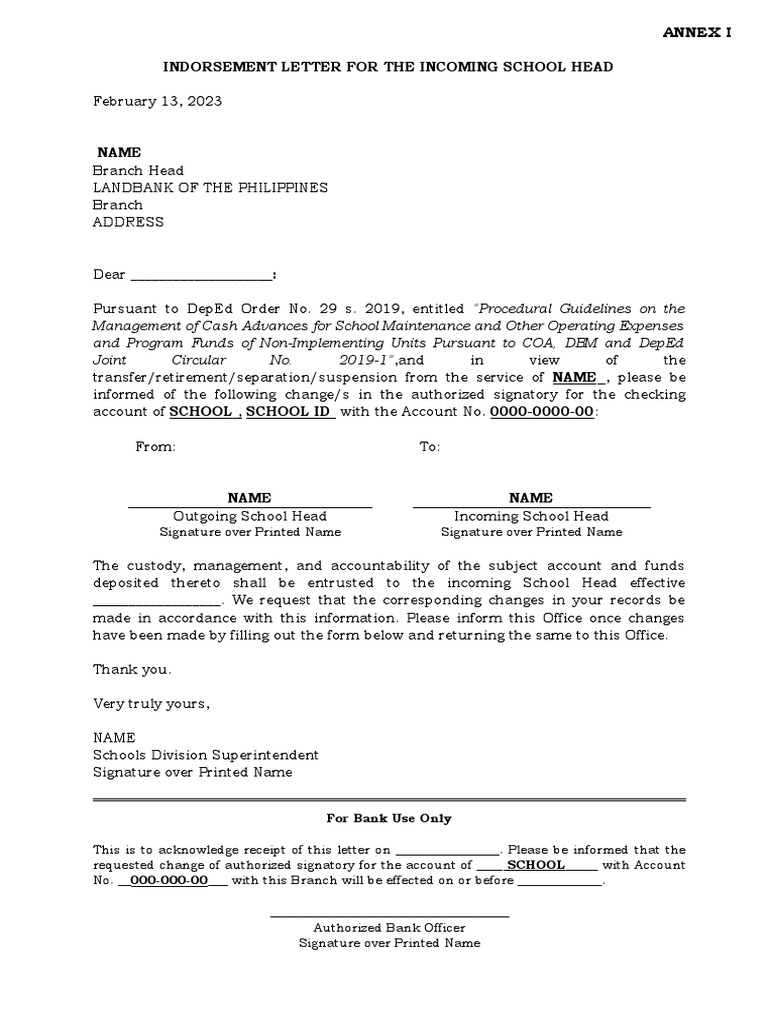 Annex I Indorsement Letter For The Incoming School Head 1 | PDF