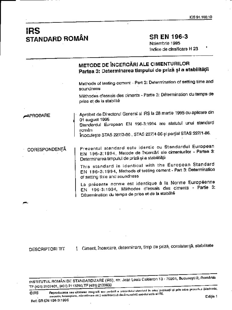 SR EN 196-3-95 - Incercari Pe Cimenturi. Determinarea Timpului de Priza | PDF