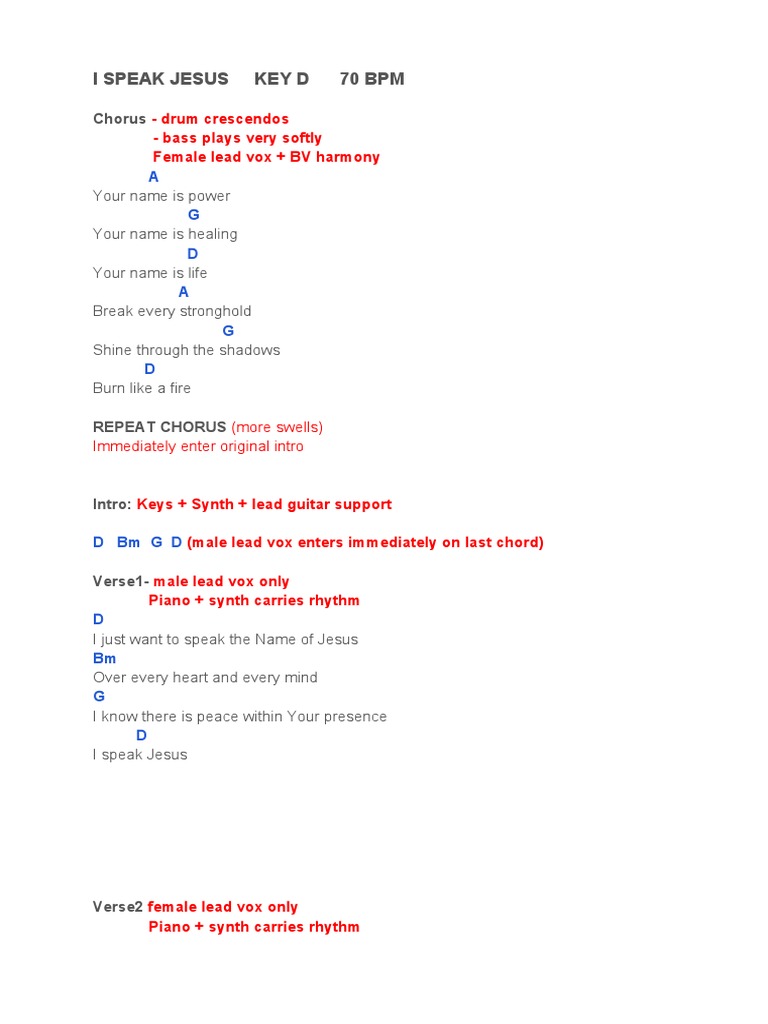 I Speak Jesus Key D 70 Bpm Pdf