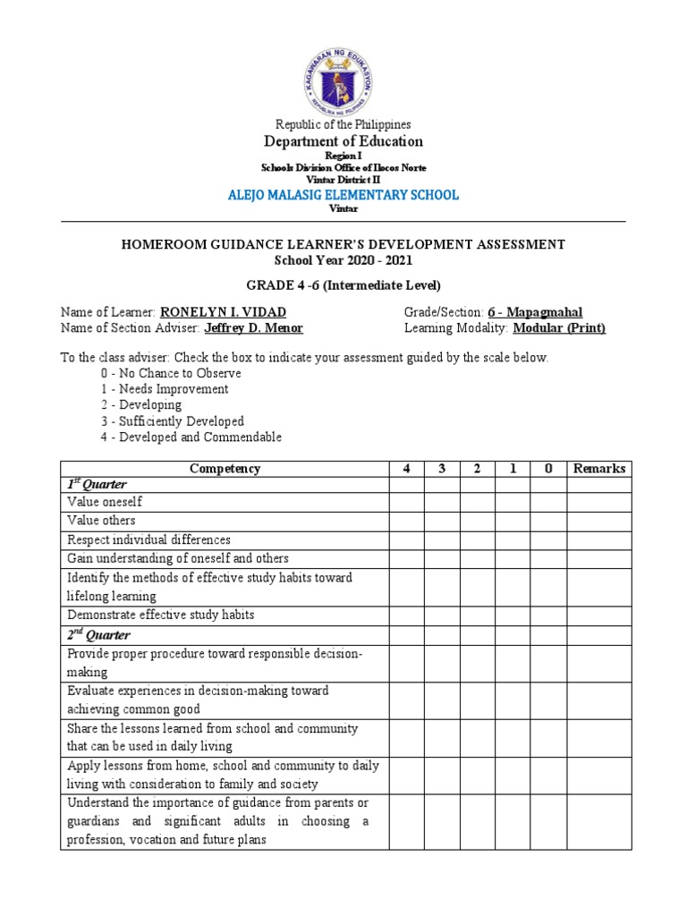 HOMEROOM GUIDANCE LEARNER'S DEVELOPMENT ASSESSMENT (Grade 4 - 6) | PDF