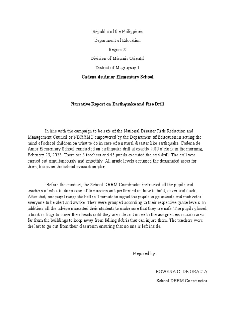 Narrative Report On Earthquake Drill | PDF