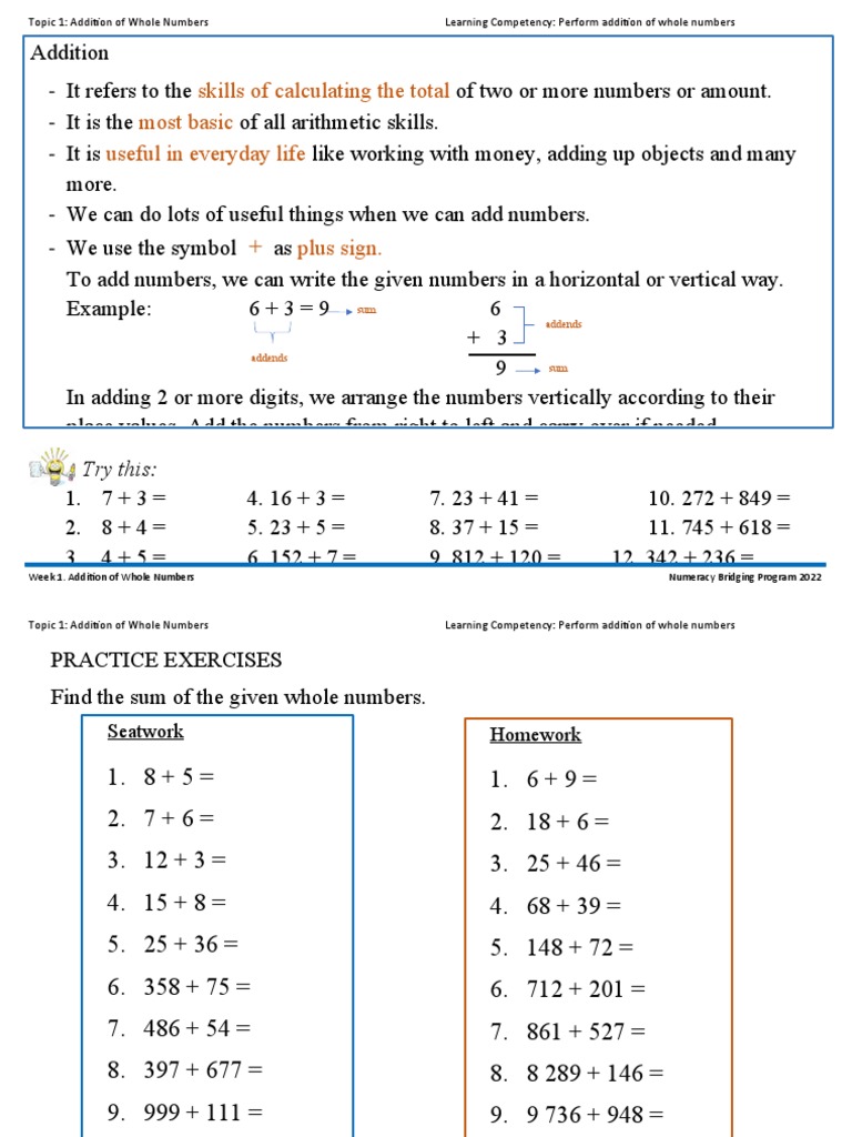 Topic 1. Addition of Whole Numbers | PDF