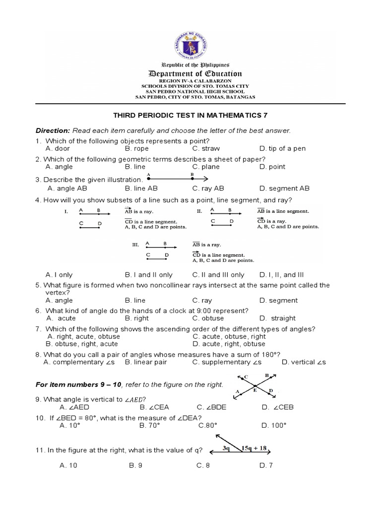 Grade 7 Math Third Periodic Test | PDF | Circle | Angle