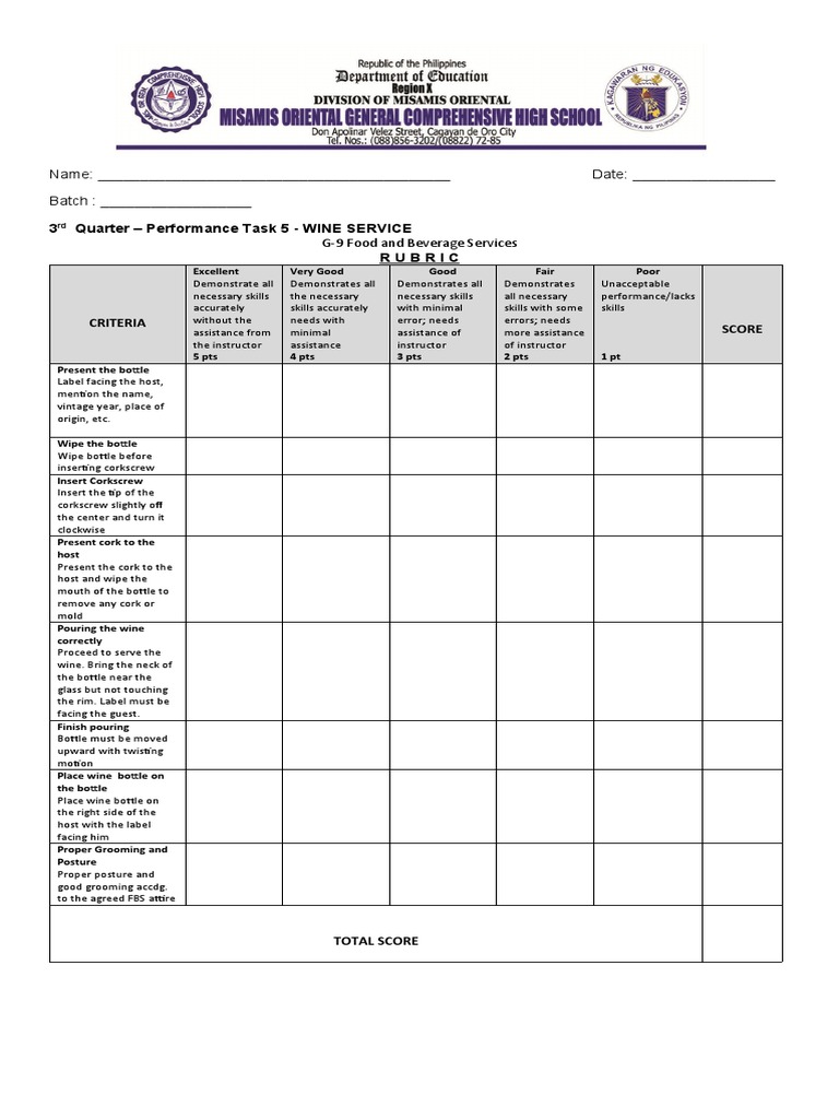 Wine Service Rubric | PDF