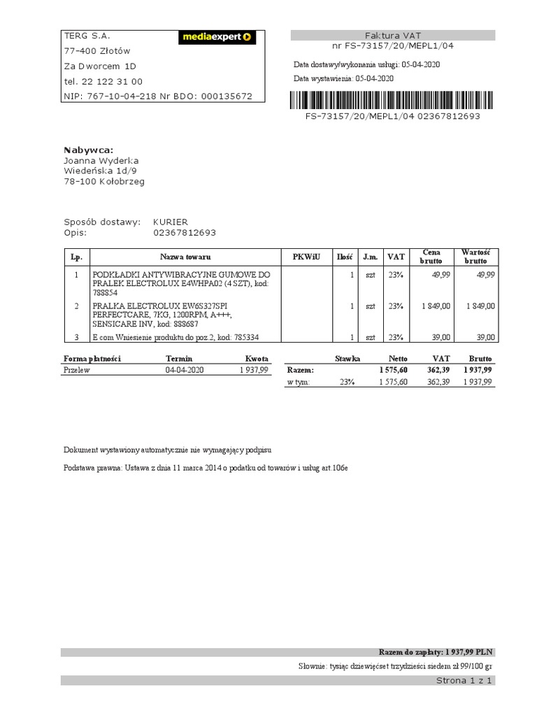 Nabywca:: Lp. Nazwa Towaru Pkwiu Ilość J.M. VAT Cena Brutto Wartość ...