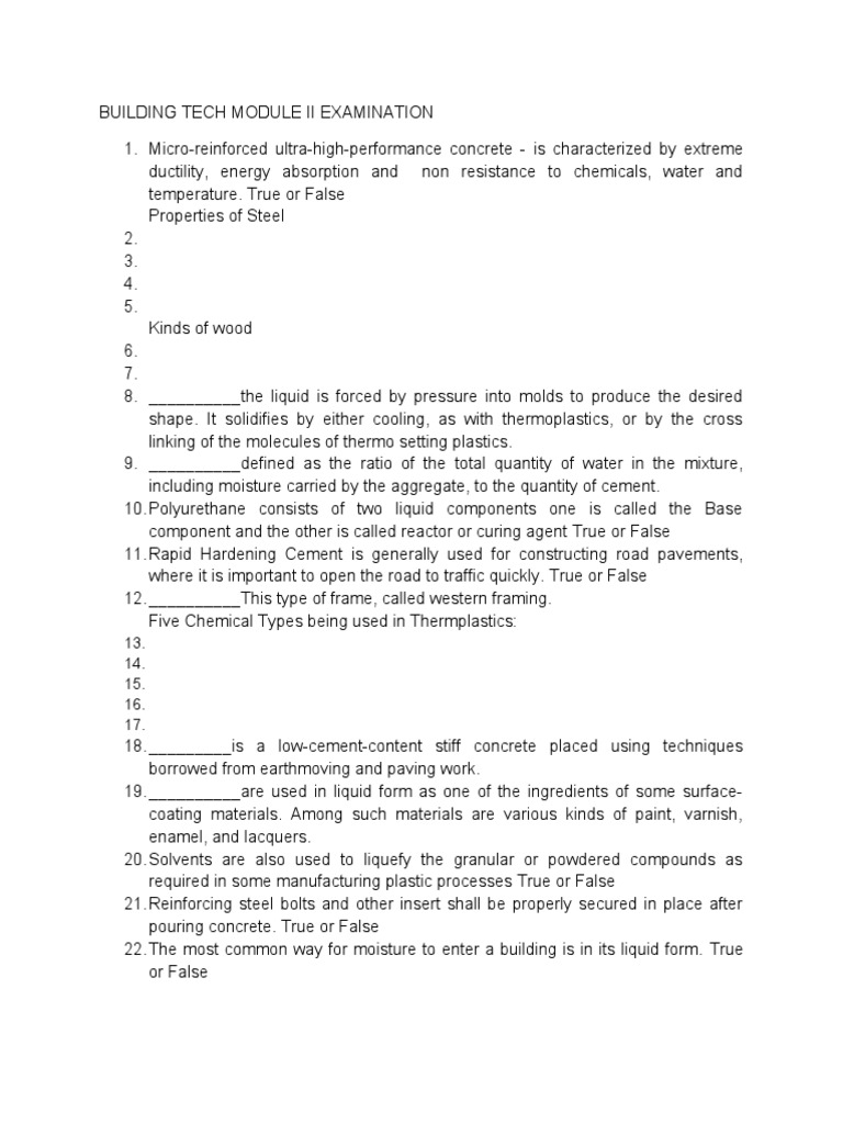 Questions B52 Module 2 Exam BLDG Tech | PDF | Concrete | Cement