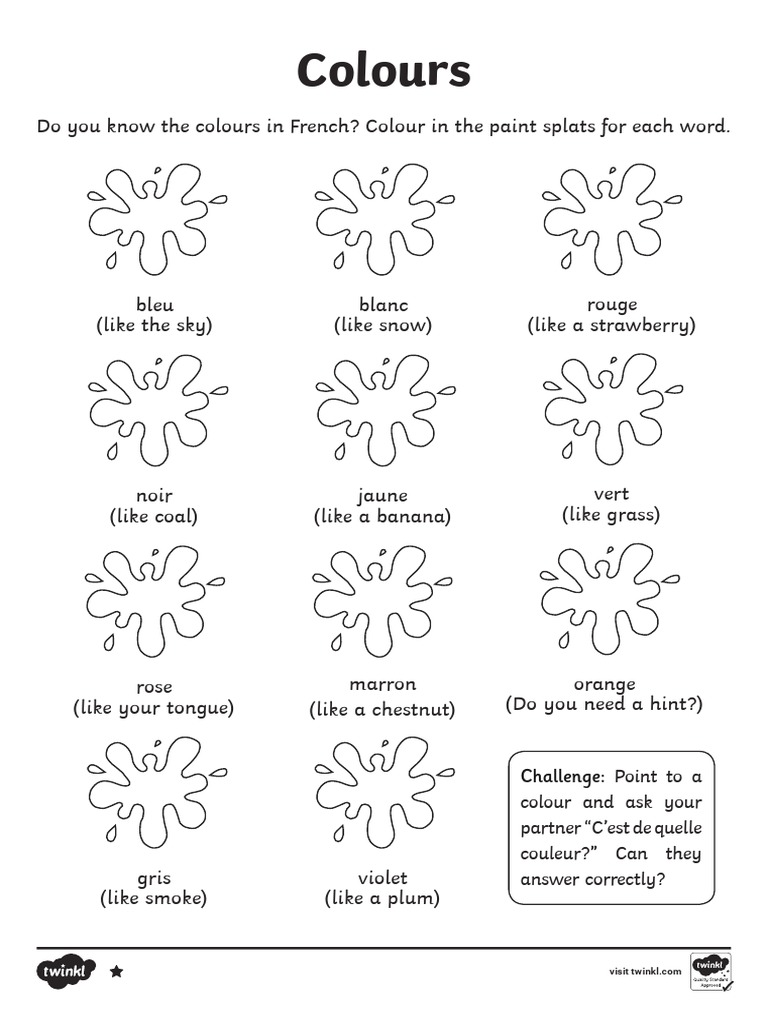 French Colours Worksheet for Kids | PDF