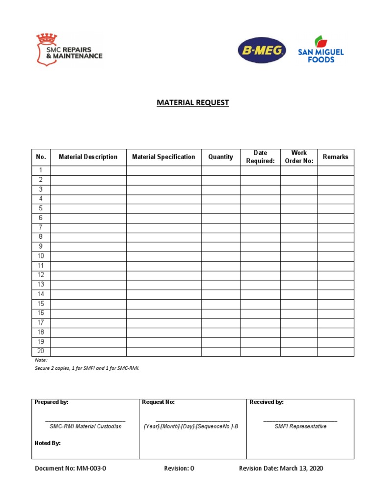 MM-003 Material Request Form | PDF