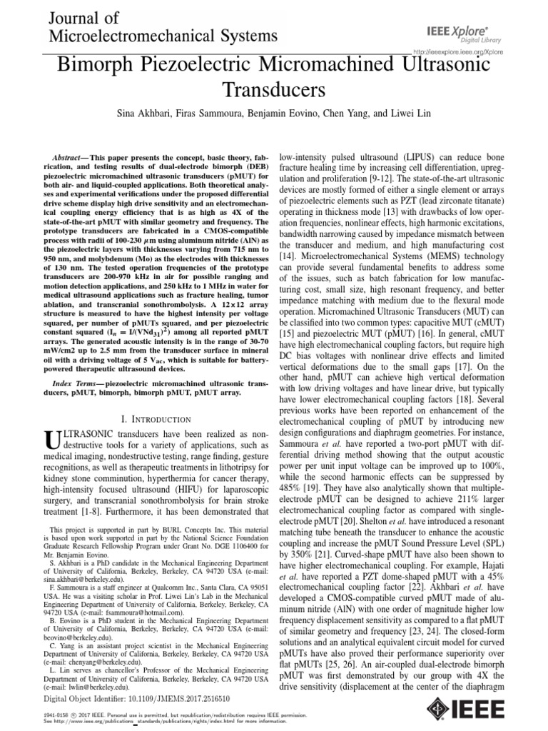 Bimorph Piezoelectric Micromachined Ultrasonic Transducers | PDF ...