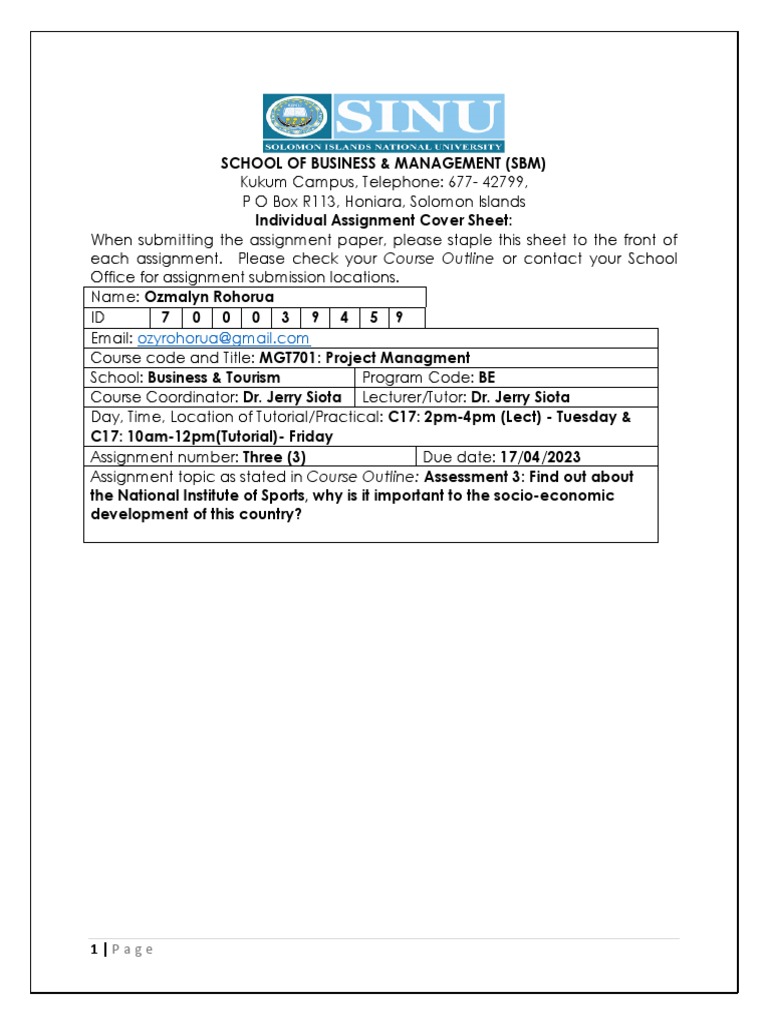SINU Assignment Cover Sheet: MGT701 | PDF | Business