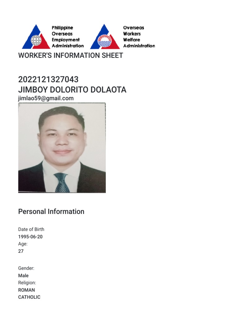Jimboy Dolorito Dolaota: Worker'S Information Sheet | PDF