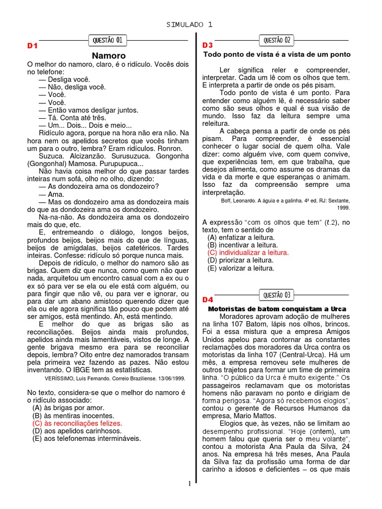 Simulado 1 LP (3º Ano EM) Prof. | PDF | Amor | Casamento