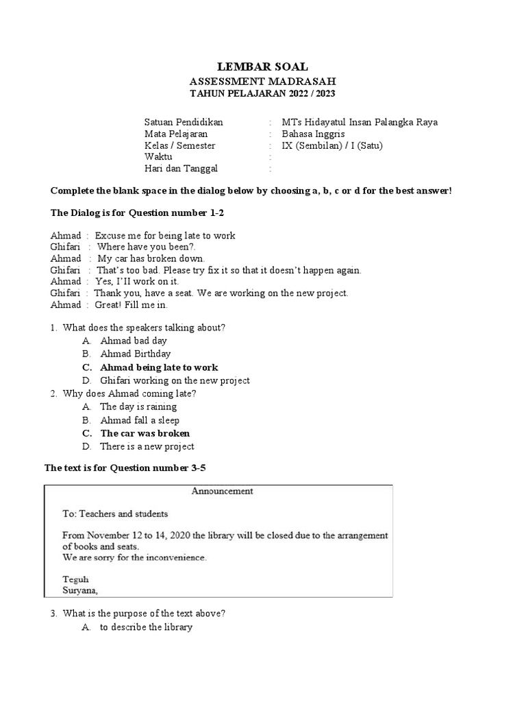 Lembar Soal: Assessment Madrasah | PDF
