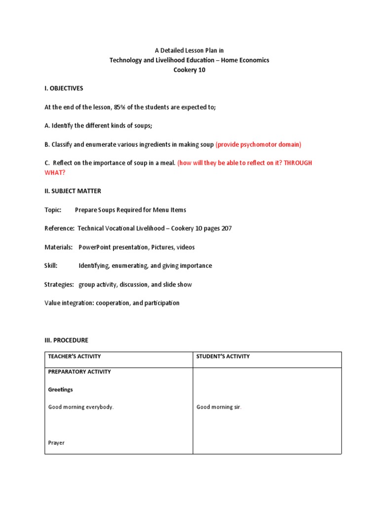 A Detailed Lesson Plan in Preparing Soups | PDF | Soup | Stock (Food)