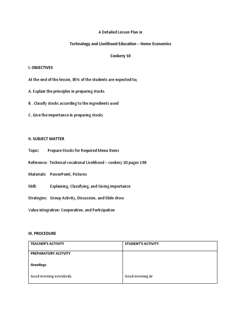 A Detailed Lesson Plan in Principles in Preparing Stocks | PDF